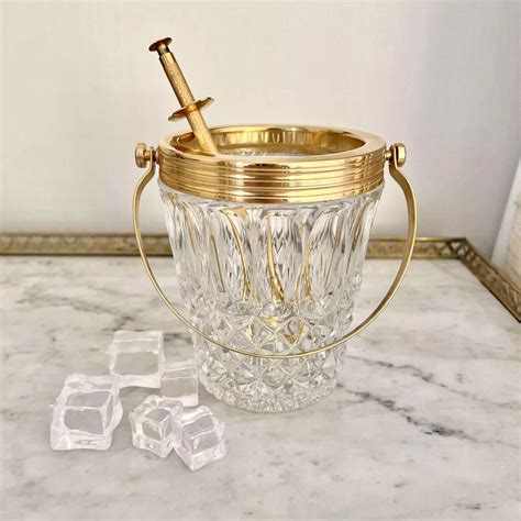 French Gold Plated And Glass Ice Bucket And Ice Grabbers In Antique