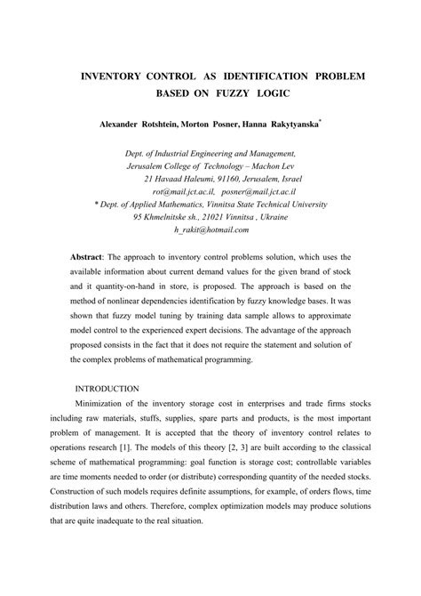Pdf Inventory Control As An Identification Problem Based On Fuzzy Logic