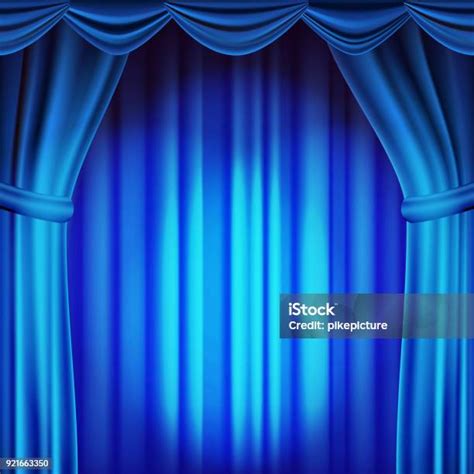블루 극장 커튼 벡터입니다 극장 오페라 또는 영화관 장면입니다 빈 실크 단계 파랑 장면 현실적인 그림 Classical