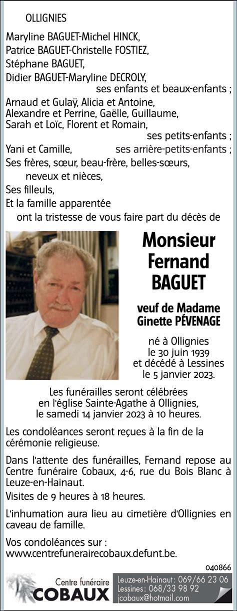 Avis De Décès De Fernand Baguet Décédé Le 05 01 2023 à Ollignies