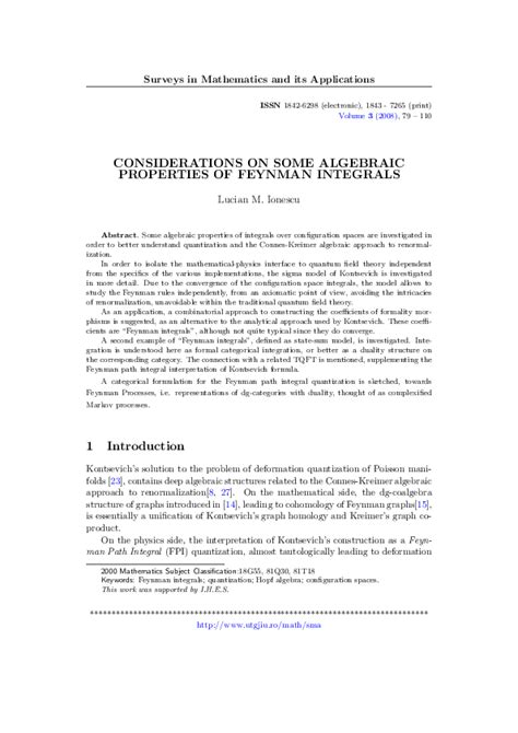 Pdf Considerations On Some Algebraic Properties Of Feynman Integrals