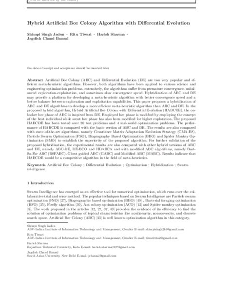 Pdf Hybrid Artificial Bee Colony Algorithm With Differential Evolution