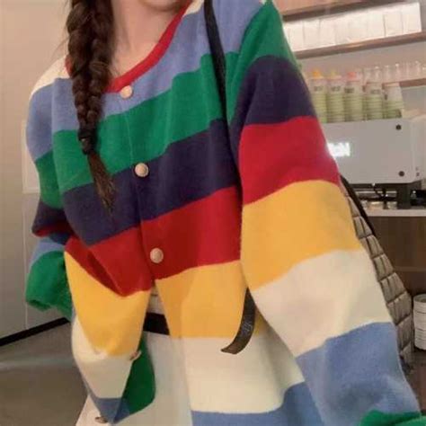 저스트메리드 무지개 레인보우 줄무늬 스트라이프 니트 라운드넥 가디건 J14