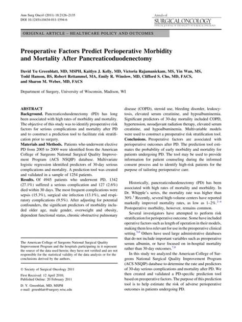 Factors Predict Perioperative Morbidity Pancreatic Resection Pdf