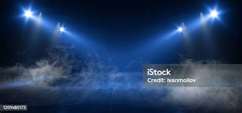 연기 안개 공상 과학 Fi 복고풍 빛나는 레이저 스팟 조명 빈 단계 연단 건설 쇼케이스 나이트 클럽 차고 지하 사이버 배경 3d