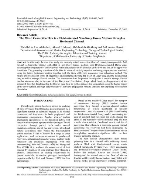 Pdf The Mixed Convection Flow In A Fluid Saturated Non Darcy Porous