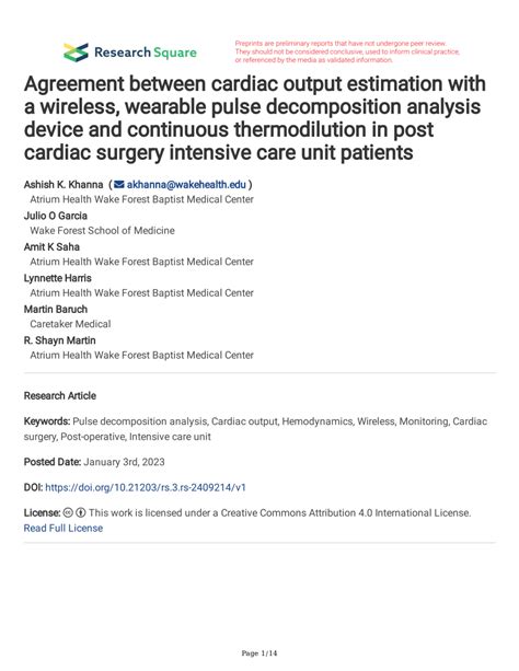 Pdf Agreement Between Cardiac Output Estimation With A Wireless
