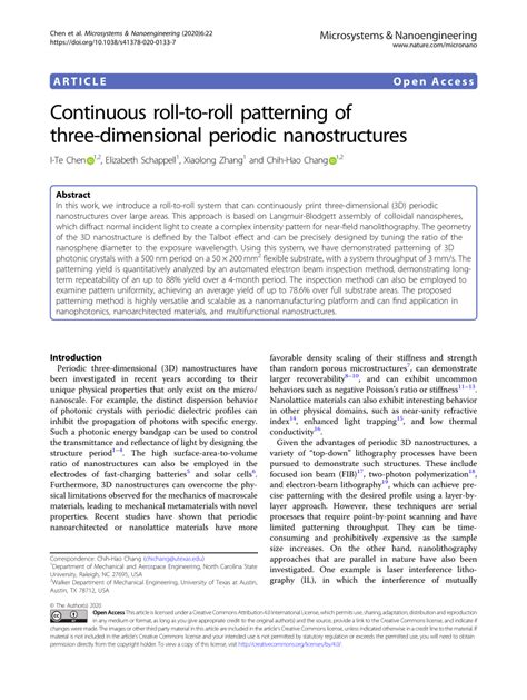 Pdf Continuous Roll To Roll Patterning Of Three Dimensional Periodic Nanostructures