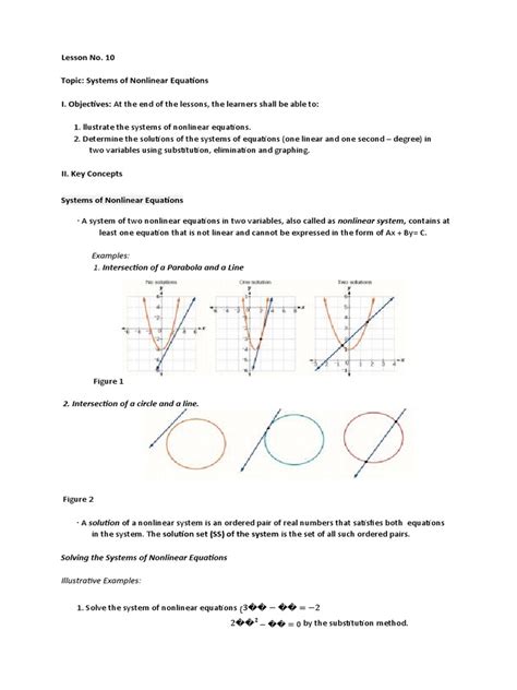 Lesson 10 Systems Of Nonlinear Equations Pdf Equations