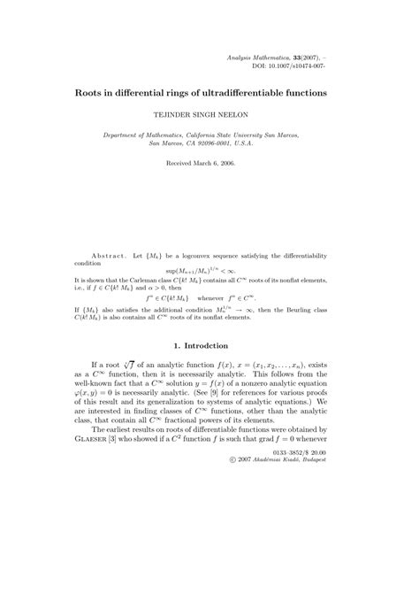Pdf Roots In Differential Rings Of Ultradifferentiable Functions
