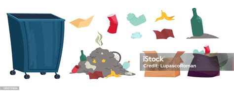 쓰레기 쓰레기통 및 쓰레기통 고립 된 만화 세트 오래된 플라스틱 컵 유리 병 삐걱 거리는 판지 상자 및 폐기물로 가득 찬 자루 흰색 배경에 재활용 기호가있는 용기 벡터