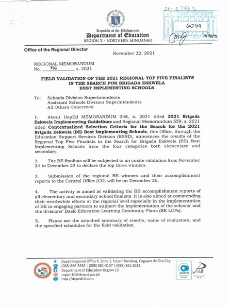 rm 716 field validation of the 2021 regional top five finalists in