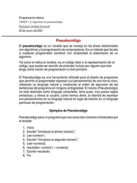 tarea 1 2 algoritmo en pseudocódigo pdf algoritmos programación