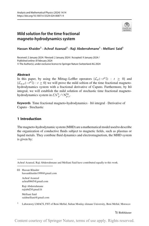 Mild Solution For The Time Fractional Magneto Hydrodynamics System