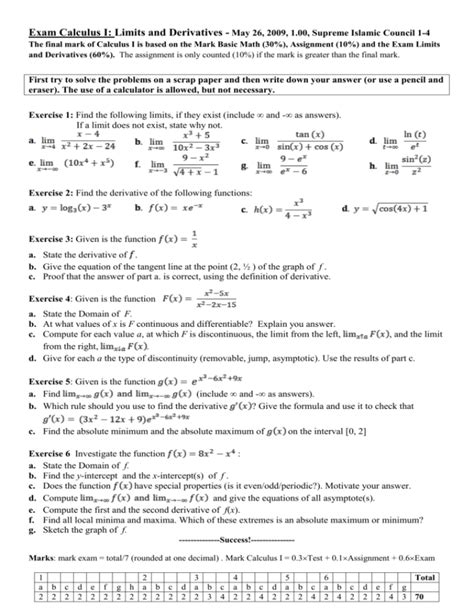 Exam Limits And Derivatives May