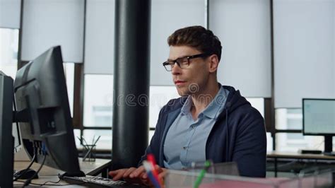 Software Engineer Working Office Focused Man Developer Typing Desktop