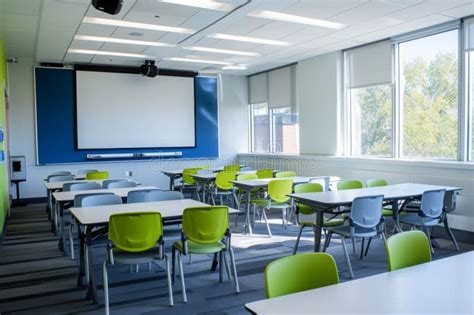 a classroom with tables chairs and a projector screen a lush modern