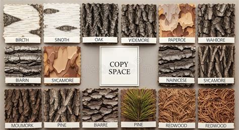 Close Up Textured Collage Of Various Tree Bark Samples With Descriptive