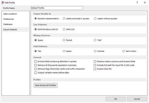 Edit Profile Export Defaults Tab — Seerstat Help System