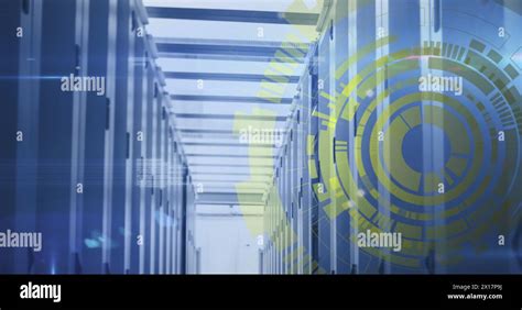 Image Of Loading Circles And Computer Language Over Server Racks In