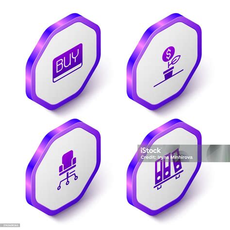 아이소 메트릭 구매 버튼 달러 공장 사무실 의자 및 폴더 아이콘을 설정합니다 보라색 육각형 버튼 벡터 3차원 형태에 대한 스톡