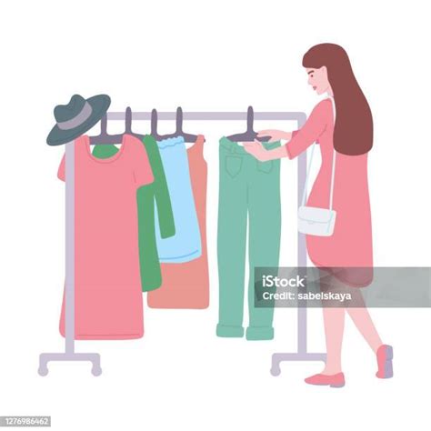 스왑 파티 벼룩 시장 또는 오래된 것 판매에서 소녀의 벡터 플랫 일러스트 개념에 대한 스톡 벡터 아트 및 기타 이미지 개념 개인 장식품 거라지 세일 Istock