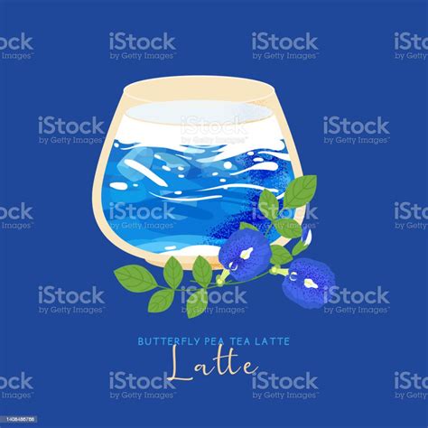 나비 완두콩 유리 컵 또는 푸른 완두콩 차 라떼와 얼음이 파란색 배경에 격리되어 있습니다 플랫 벡터 음료 일러스트 레이 션