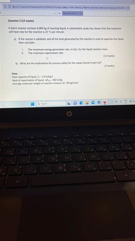 Solved A Batch Reactor Contains 6 000kg Of Reacting Liqu