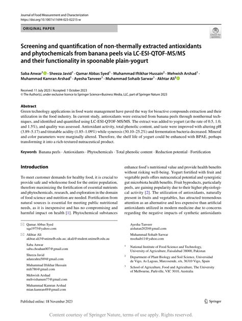 Screening And Quantification Of Non Thermally Extracted Antioxidants And Phytochemicals From