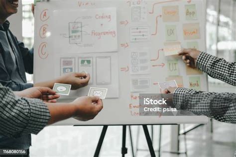 Ux 디자이너가 스마트폰 레이아웃에서 웹을 디자인하는 사용자 경험 모바일 응용 프로그램 프로토타입을 작업하는 Ui 개발자 계획 개발에 대한 스톡 사진 및 기타 이미지