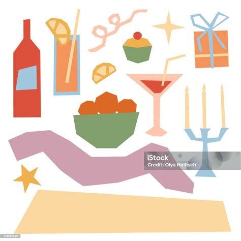 파티 저녁 식사 벡터는 현대적인 컷 아웃 스타일로 설정됩니다 간단한 평면 기하학적 음료 병 칵테일 과일 선물 상자 생일과 크리스마스 디자인을위한 흰색 배경에 고립 된 촛불