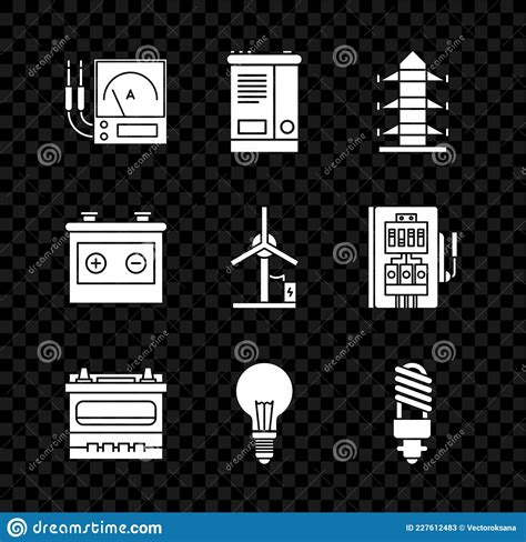 Set Ampere Meter Multimeter Voltmeter Car Battery High Voltage Power Pole Line Light Bulb