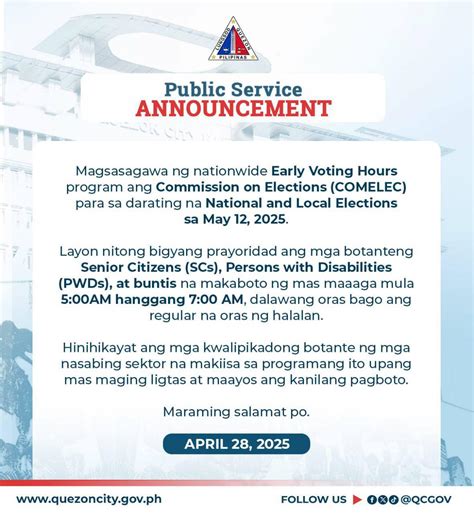Quezon - PUBLIC SERVICE ANNOUNCEMENT Magsasagawa ng nationwide Early Voting Hours program ang ...
