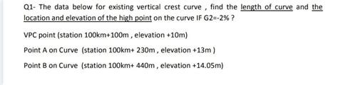 Q1 The Data Below For Existing Vertical Crest Curve Chegg Com