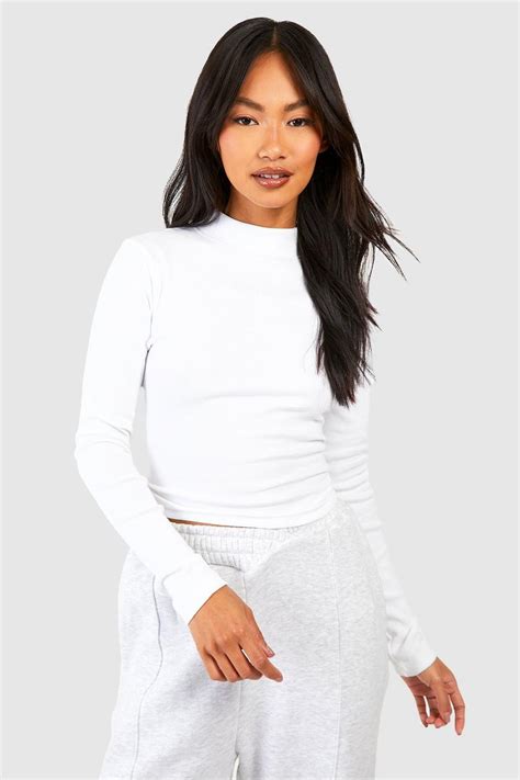 Womens White Basic Rib Funnel Neck Long Sleeve Top Boohoo Uk