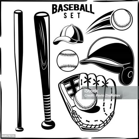 벡터 야구 흑백 세트 헬멧 장갑 공 박쥐 흰색 배경에 격리 블레이저 Baseball Team에 대한 스톡 벡터 아트 및 기타 이미지 Baseball Team Sport