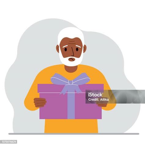 슬픈 노인이 손에 활이 달린 커다란 선물 상자를 들고 있다 벡터 기념일에 대한 스톡 벡터 아트 및 기타 이미지 기념일 남자 놀라움 Istock