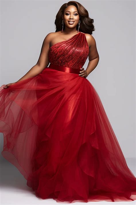 Xpluswear Design Plus Size Formal Red One Shoulder Tulle Maxi Dresses