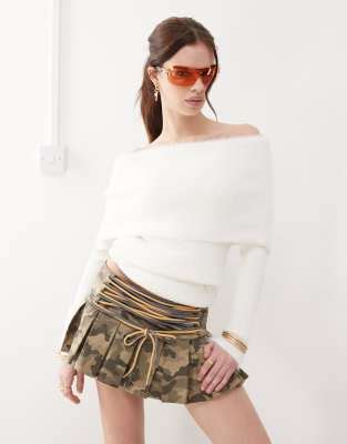 The Kript Low Rise Micro Mini Skirt With Tie Front Detail In Camo Print