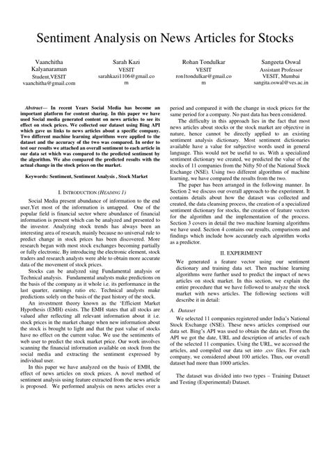 Pdf Sentiment Analysis On News Articles For Stocks