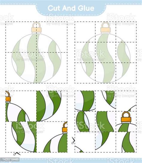 자르고 붙이고 크리스마스 공의 일부를 자르고 붙이십시오 교육 어린이 게임 인쇄 가능한 워크 시트 벡터 일러스트 레이 션 0명에