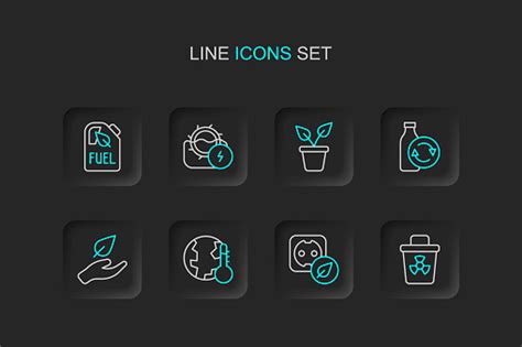 세트 라인 감염성 폐기물 전기 콘센트 지구 온난화에 녹는 지구 잎 손 재활용 플라스틱 병 화분 물레방아 및 바이오 연료 용기 아이콘 벡터 기후 변화에 대한 스톡 벡터 아트