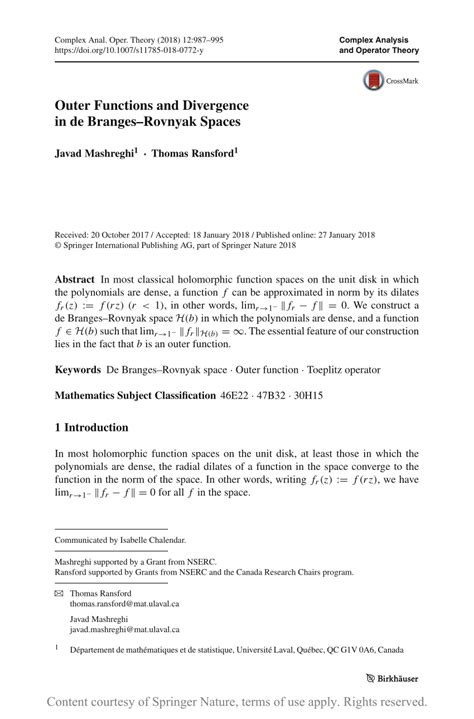 Outer Functions And Divergence In De Brangesrovnyak Spaces Request Pdf