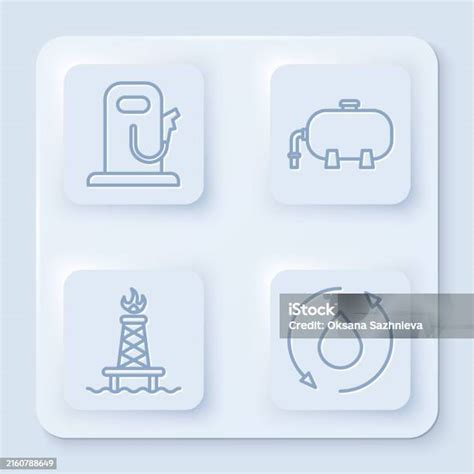 세트 라인 휘발유 또는 주유소 석유 산업 공장 건물 화재 및 오일 방울이 있는 석유 굴착 장치 흰색 사각형 버튼입니다 벡터 0
