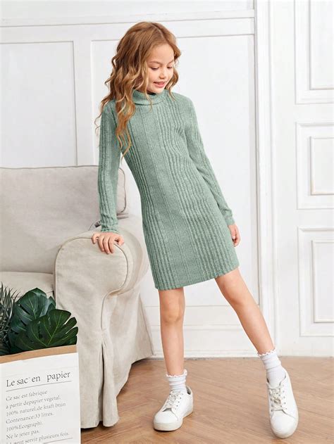 Shein Tween Girl High Neck Ribbed Knit Dress Shein Uk