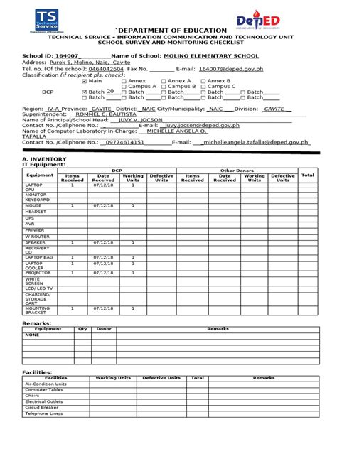Molino Es Dcp Dicp School Survey And Monitoring Checklist Pdf
