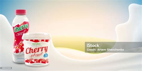 체리 요구르트 광고 브랜드 항아리와 병 우유 스플래시 상용 제품 모형와 밝은 배경에 벡터 현실적인 그림 0명에 대한 스톡 벡터