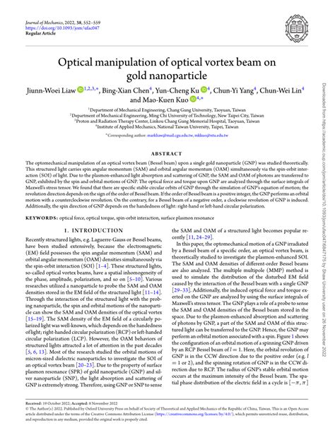 Pdf Optical Manipulation Of Optical Vortex Beam On Gold Nanoparticle