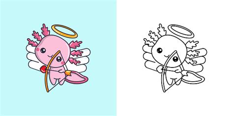 도롱뇽 색칠 페이지와 컬러 일러스트레이션을 설정합니다 클립 아트 Kawaii Axolotl 색칠 공부 페이지 옷 인쇄물 스티커