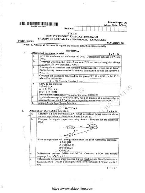 Btech Cs 4 Sem Theory Of Automata And Formal Languages Bcs402 Aug 2024